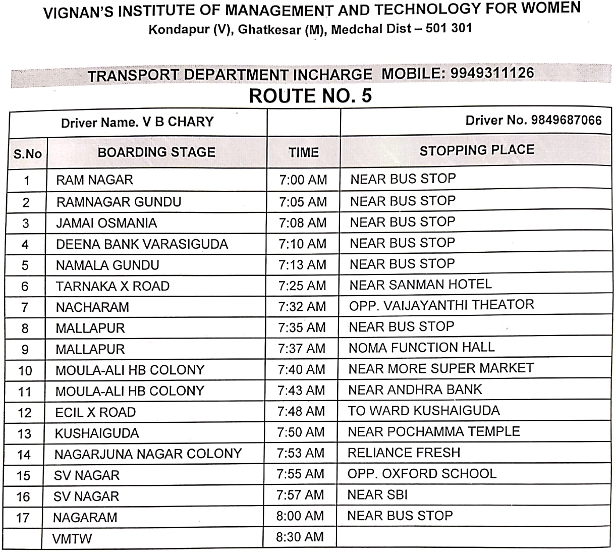 ROUTE NO. 6 From Auto Nagar / LB Nagar / Shiva Ganga Colony ...